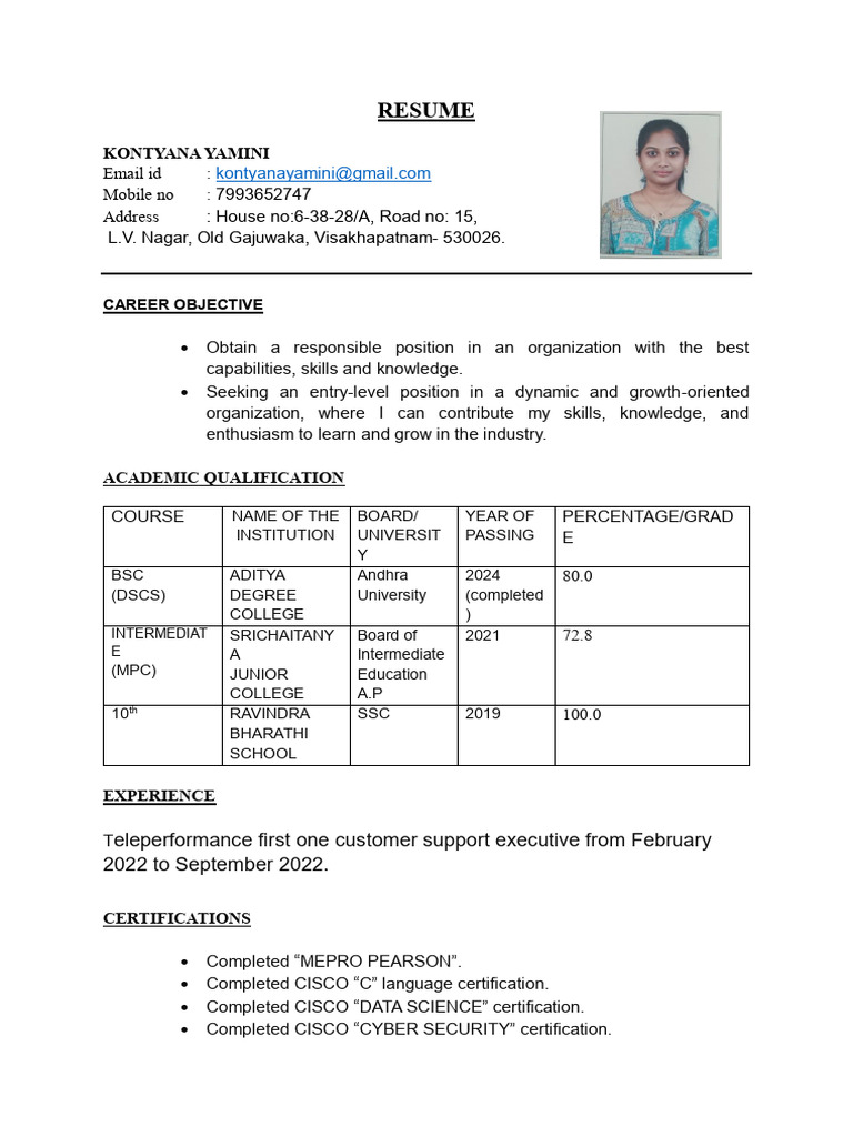 Kontyana Yamini Resume | PDF | Learning | Cognition