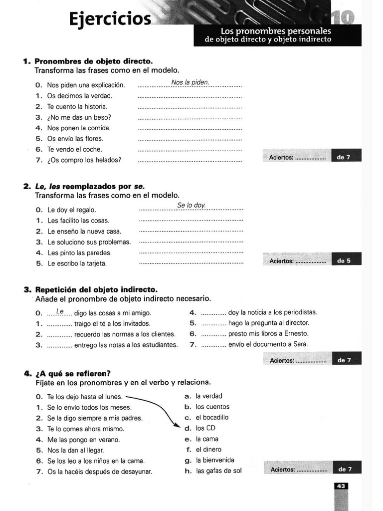 Pronombres de Objeto Directo e Indirecto (Ejercicios) | PDF