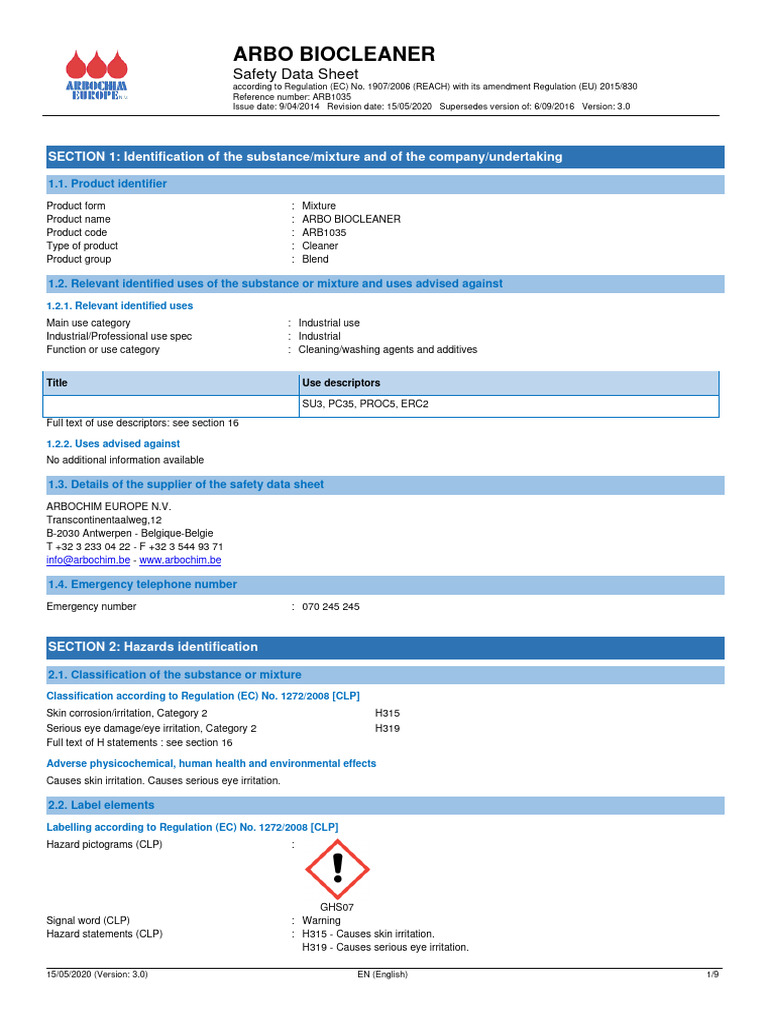 Arbo Biocleaner | PDF | Chemistry | Occupational Safety And Health