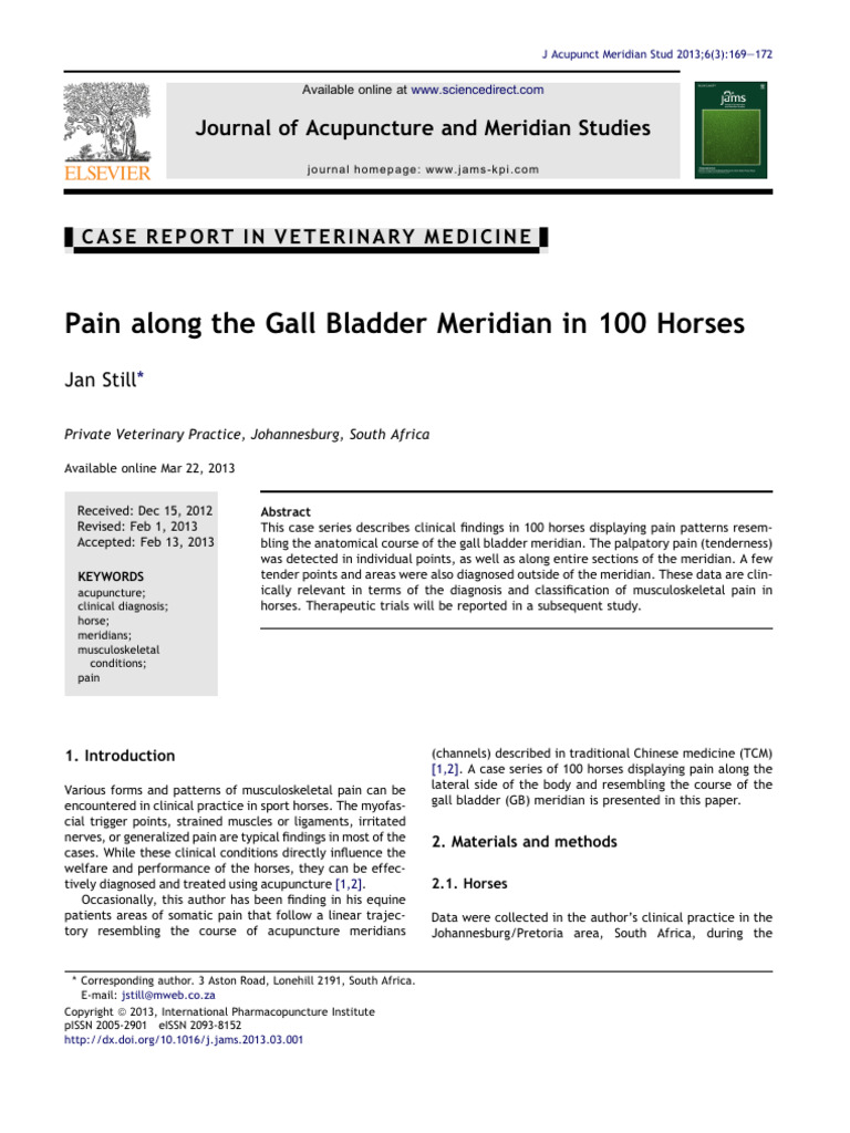 Pain Along The Gall Bladder Meridian in 100 Horses: Journal of ...