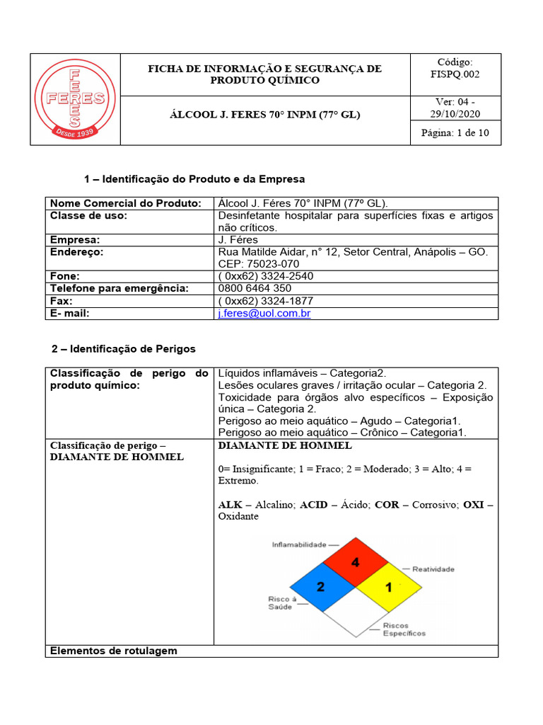 Ficha de Segurança do Álcool J. Féres 70° | PDF | Embalagem e rotulagem ...