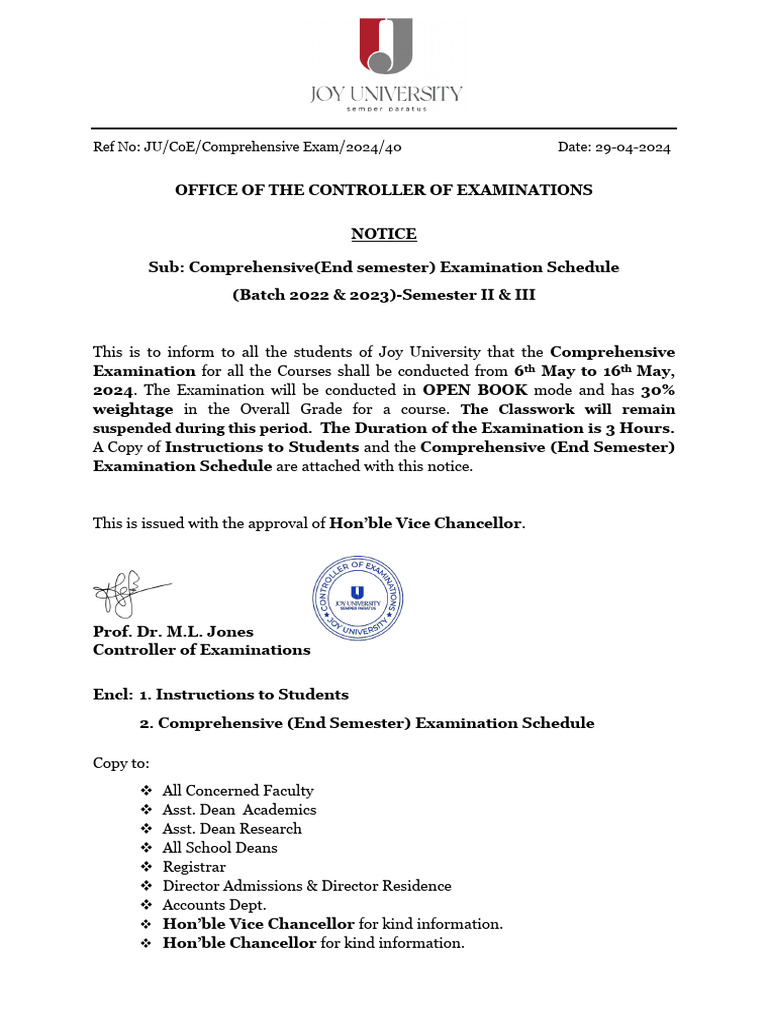 Comprehensive Exam Schedule Notice - Jan-May2024 | PDF | Agriculture