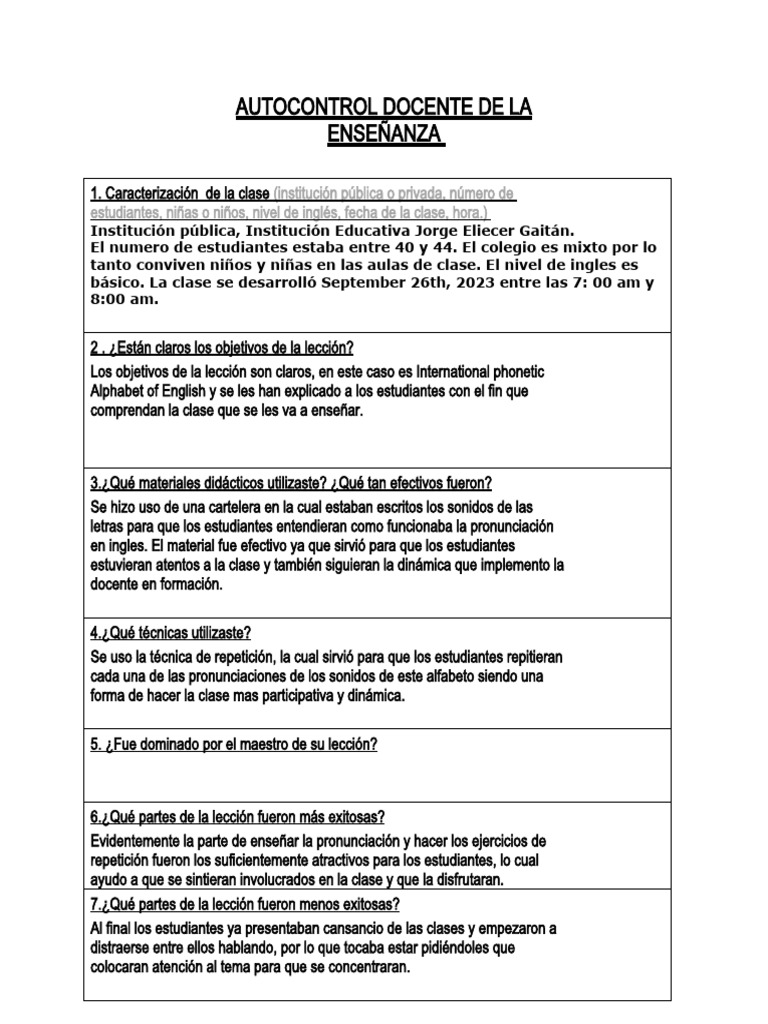 Autocontrol Docente de La Enseñanza | PDF | Enseñando | Maestros