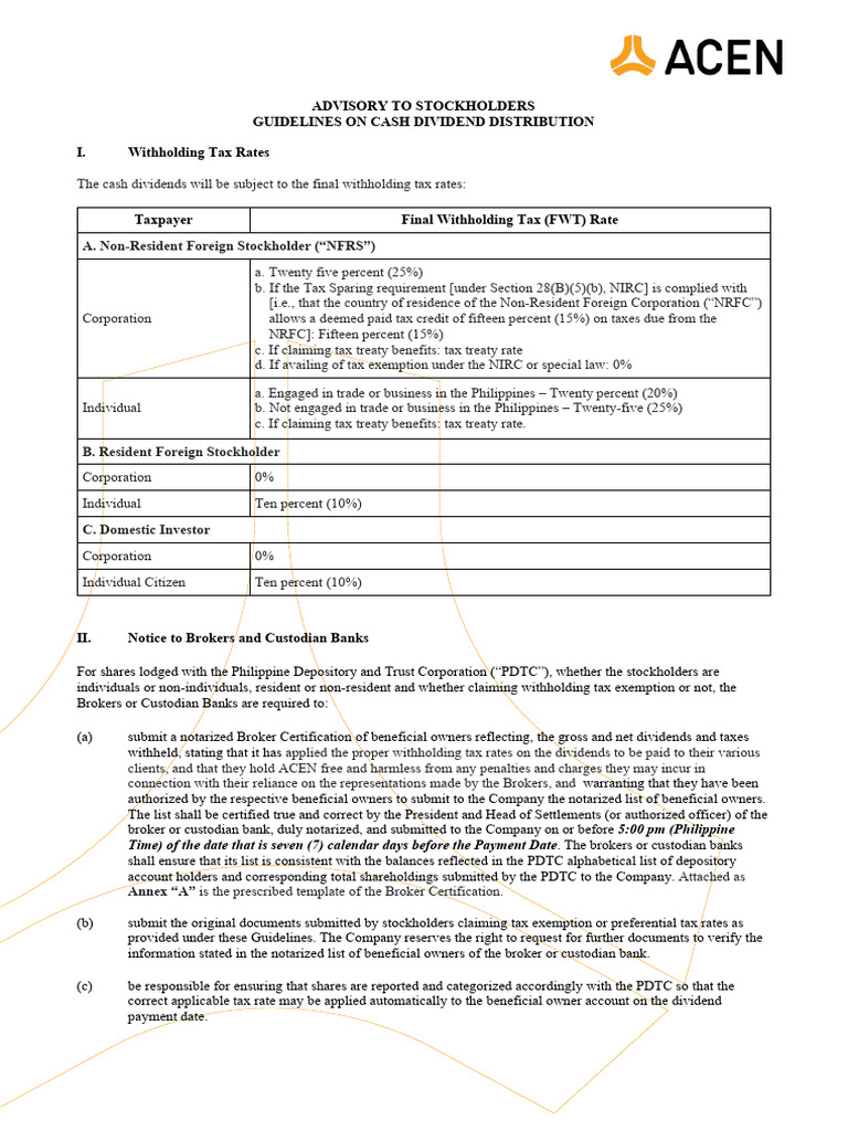 ACEN 2023 Guidelines On Cash Dividend Distribution | PDF | Dividend | Taxes