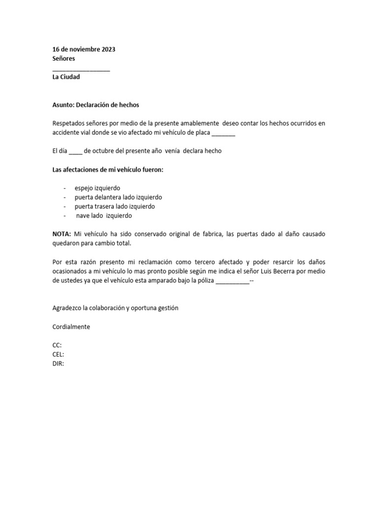 Carta Declaracion de Hechos Ok | PDF