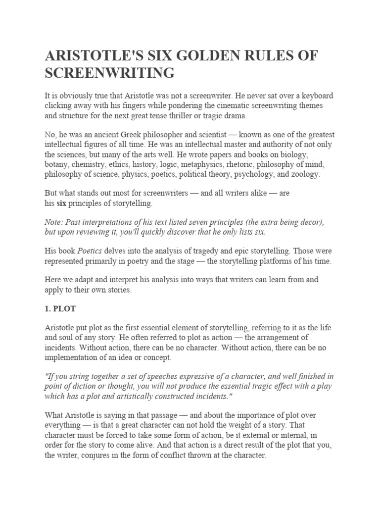 2 Aristotle's Six Golden Rules of Screenwriting | PDF | Plot (Narrative ...