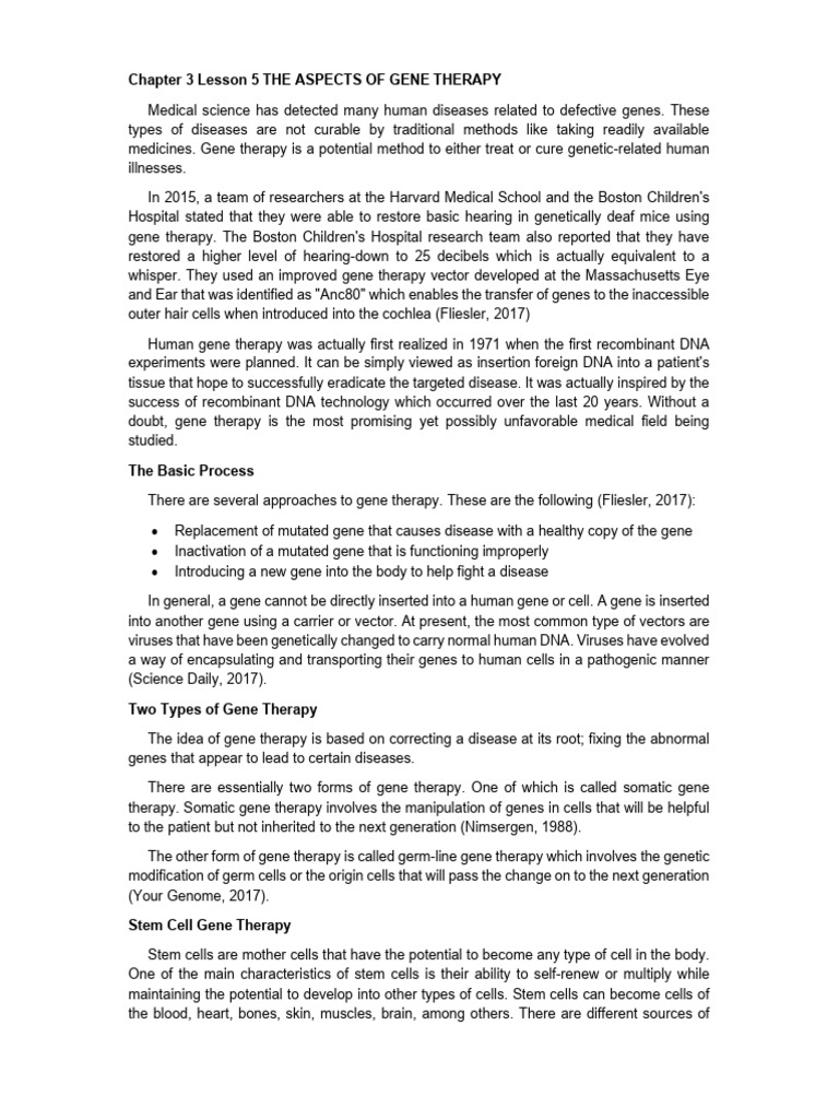 Chapter 3 Lesson 5 The Aspects of Gene Therapy1 | PDF | Stem Cell | Gene Therapy