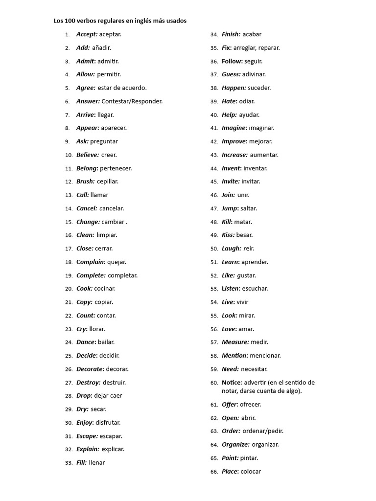 Los 100 Verbos Regulares en Inglés Más Usados | PDF