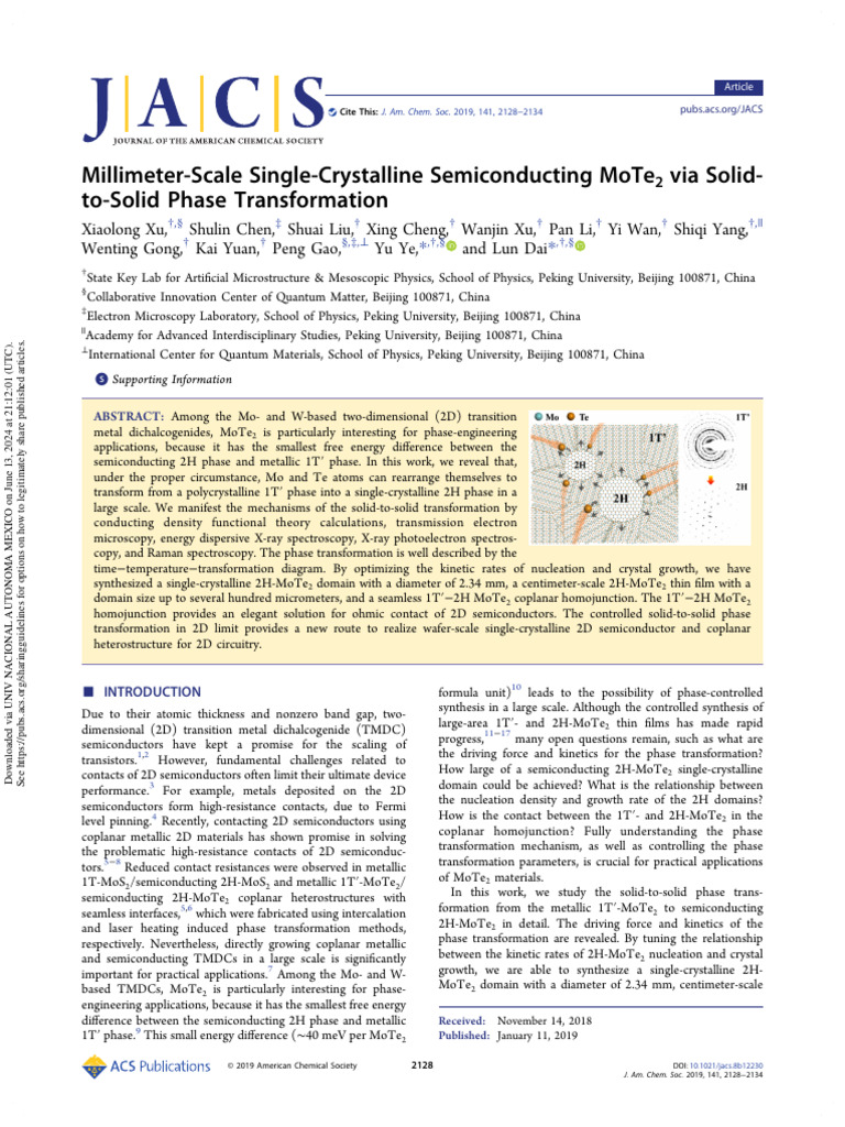 Xu Et Al 2019 Millimeter Scale Single Crystalline Semiconducting Mote2 via Solid to Solid Phase ...