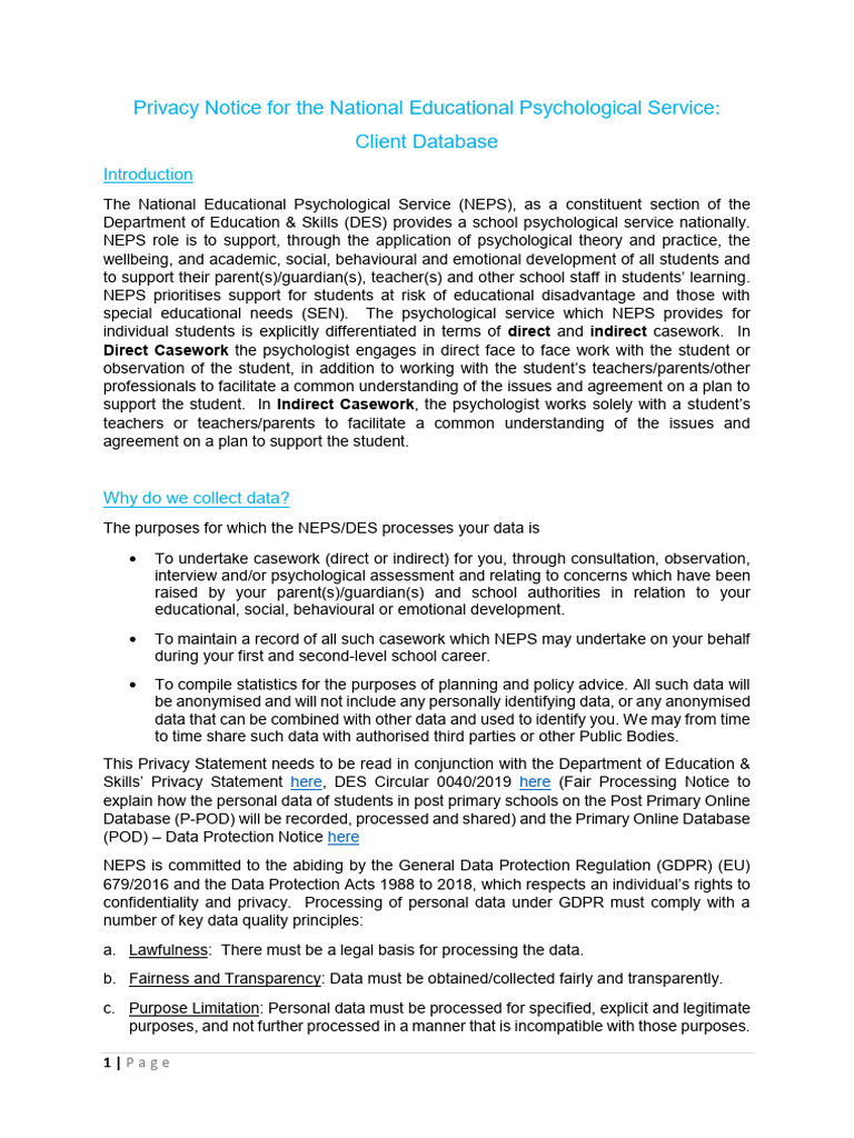 NEPS Client Data Privacy Notice | PDF | Psychology