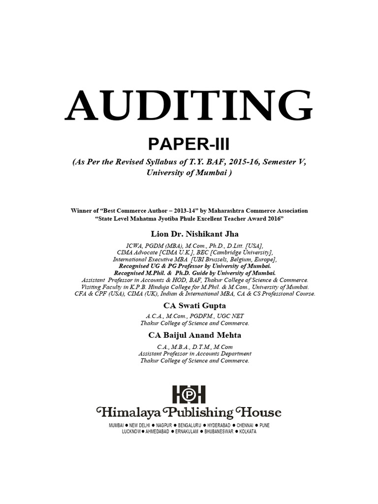 Auditing - Paper III - TYBAF V 2015-16 | PDF | Auditor's Report | Audit