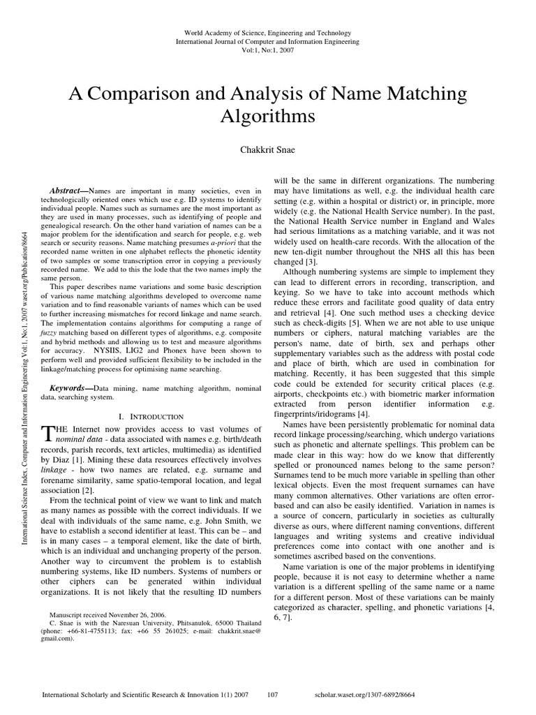 A Comparison and Analysis of Name Matching Algorithms | PDF
