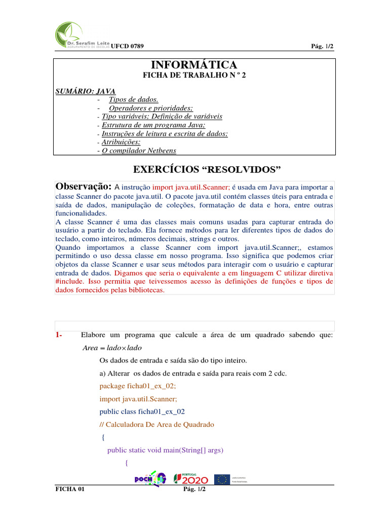 Ficha 02 Java Conceitos E Estrutura Pdf Java Linguagem De Programação Classe