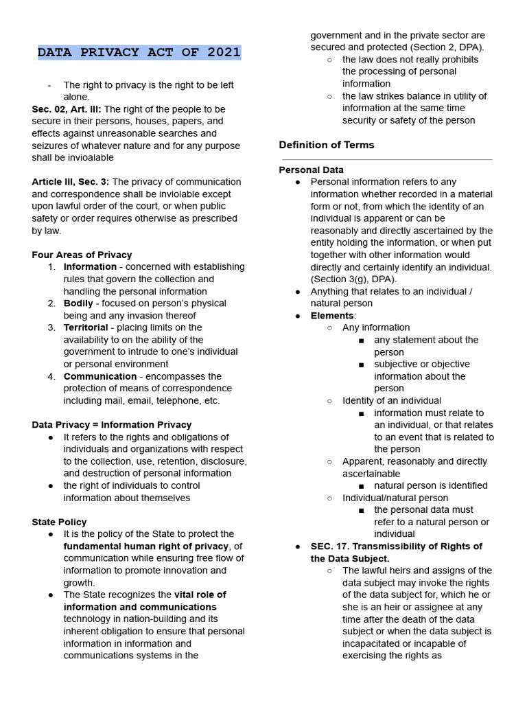 (Notes) Data Privacy Act | PDF | Privacy | Information