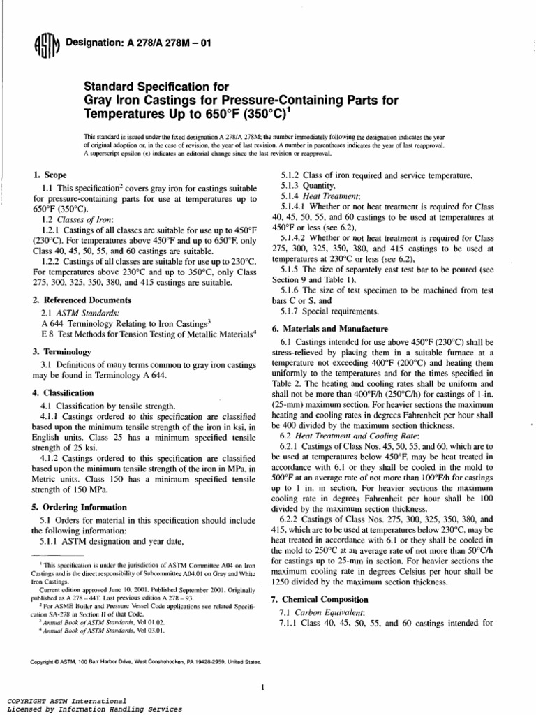 Astm A278 | PDF | Physical Sciences | Materials