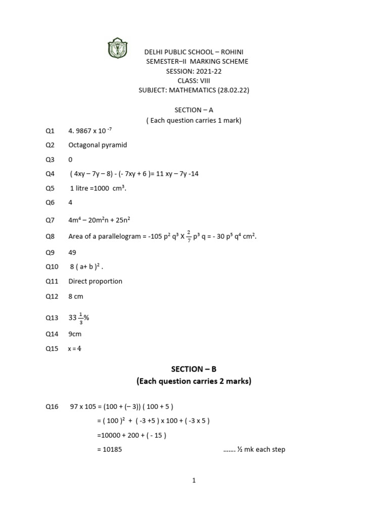 Maths Class 8 Marking Scheme Old | PDF | Geometry | Mathematics
