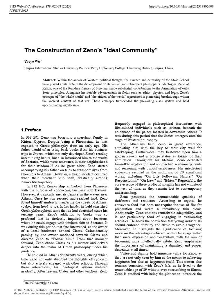 The Construction of Zeno's Ideal Community | PDF | Stoicism | Ancient ...
