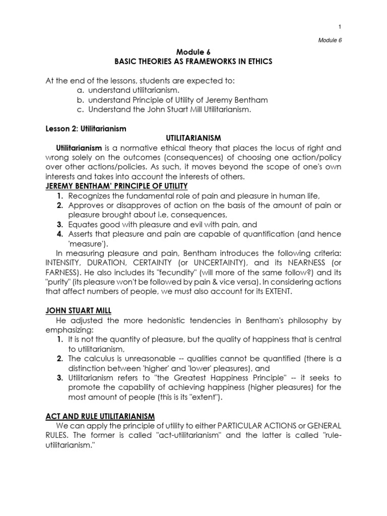 MODULE 6, Lesson 2 Utilitarianism | Download Free PDF | Utilitarianism | Pleasure