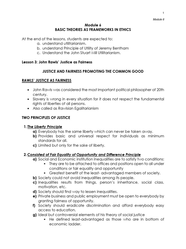 MODULE 6, Lesson 3 John Rawls' Justice As Fairness | PDF | Justice | Crime & Violence