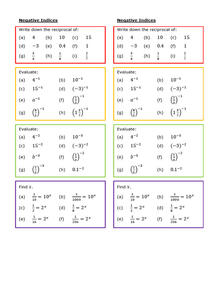 Negative Indices Practice Strips | PDF