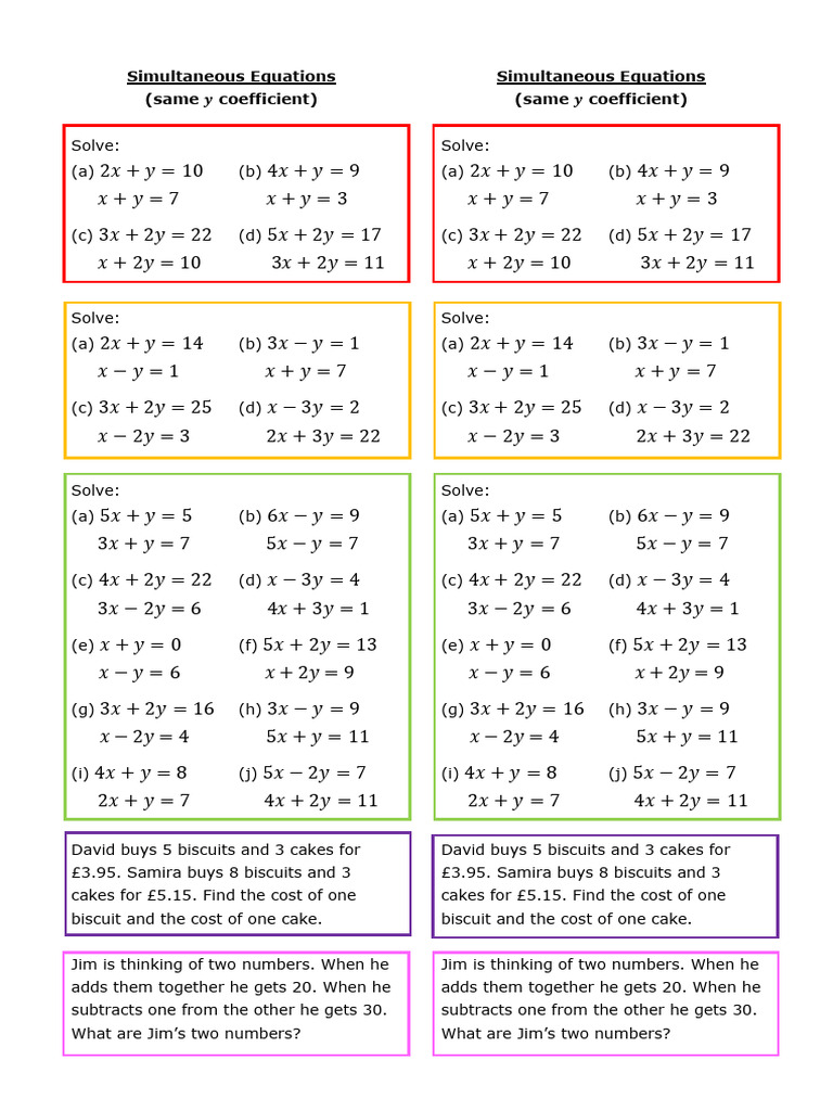 Simultaneous Equations Practice | PDF