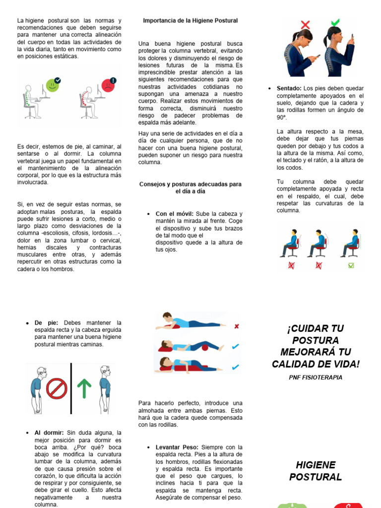 Tríptico Higiene Postural | PDF | Dolor lumbar | Sistema musculoesquelético