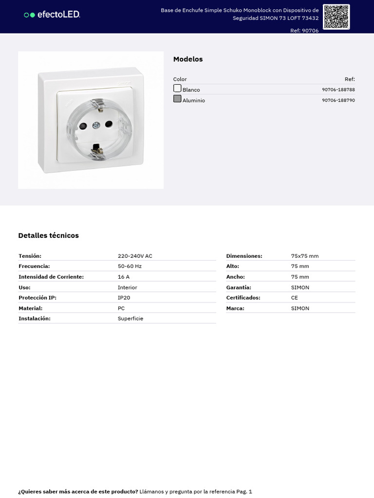 Base de Enchufe Simple Schuko Monoblock con Dispositivo de Seguridad SIMON 73 LOFT 73432 | PDF ...
