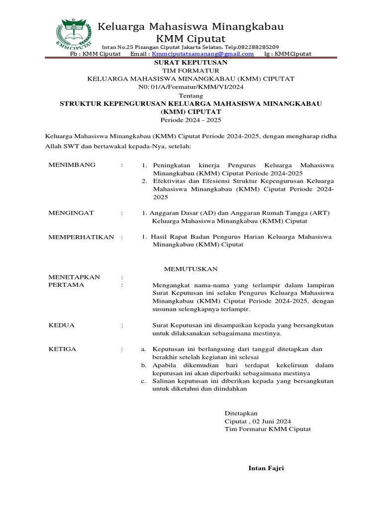 Surat Keputusan Pengurus Kmm Ciputat 2024-2025 | PDF