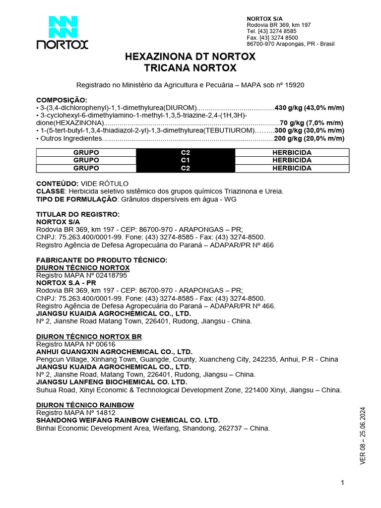 Hexazinona DT Nortox Tricana Nortox - Bula VER 08 - 25.06.2024 | PDF ...