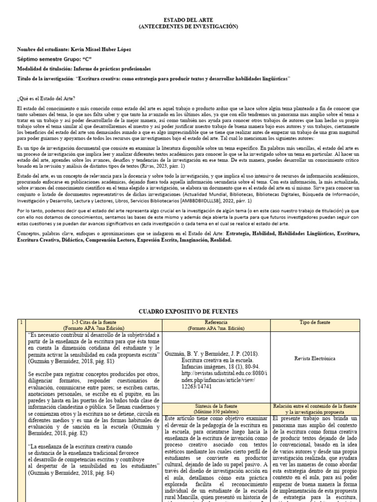 ESTADO DEL ARTE - Kevin Misael TERMINADO | PDF | Enseñando | Estilo apa