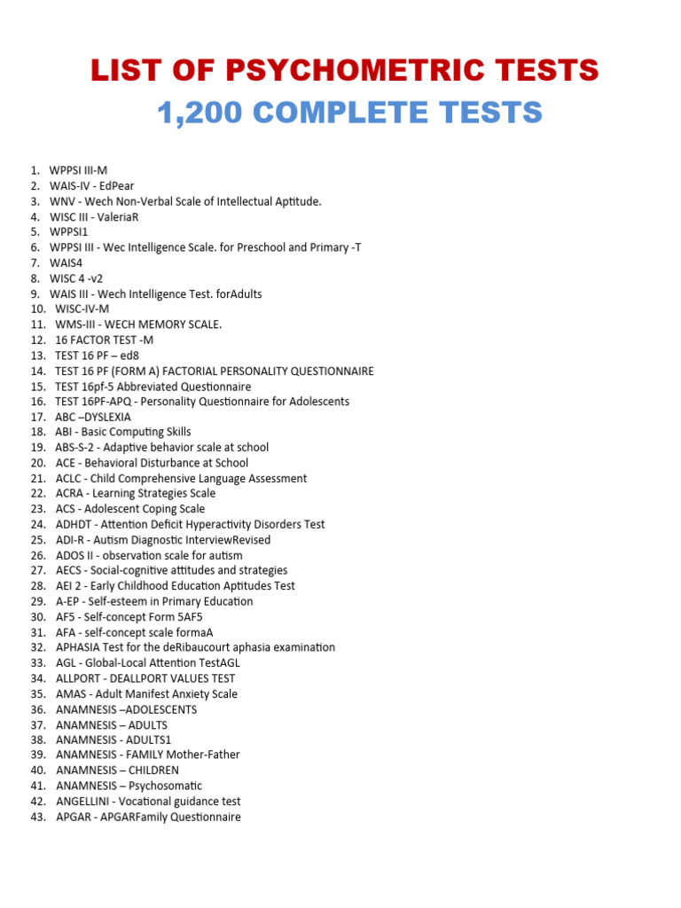 List of Updated Psychometric Tests 1200 | PDF | Mental Disorder ...