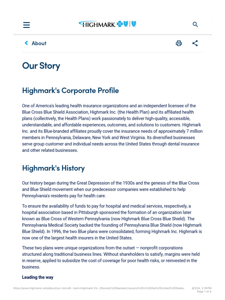 Highmark - Our Story | PDF | Blue Cross Blue Shield Association ...