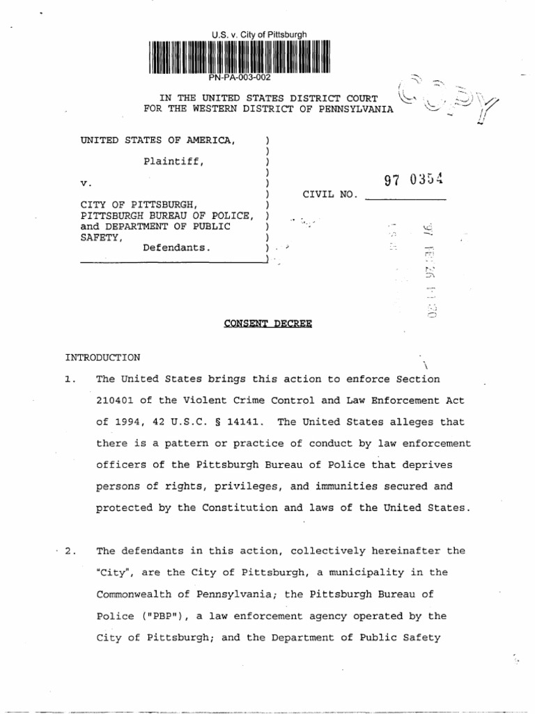 Pittsburgh Bureau of Police Consent Decree 1997 | PDF | Consent Decree ...
