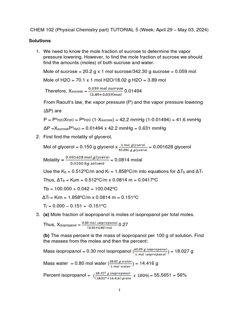 CHEM 102 Tutorial 5 Solutions | PDF | Mole (Unit) | Scientific Phenomena
