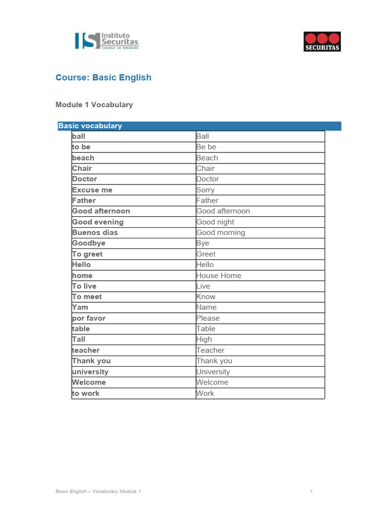 Basic English Vocabulary Module 1 | PDF