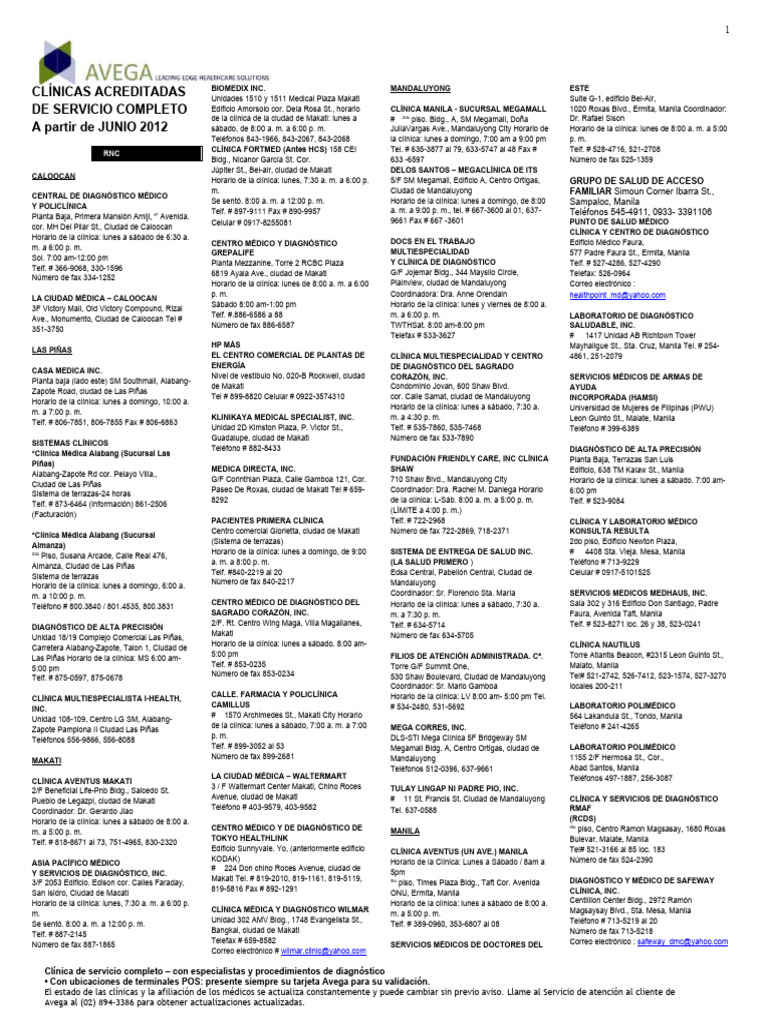 Clínicas de Servicio Completo Acreditadas Por Avega | PDF | Estándares ...