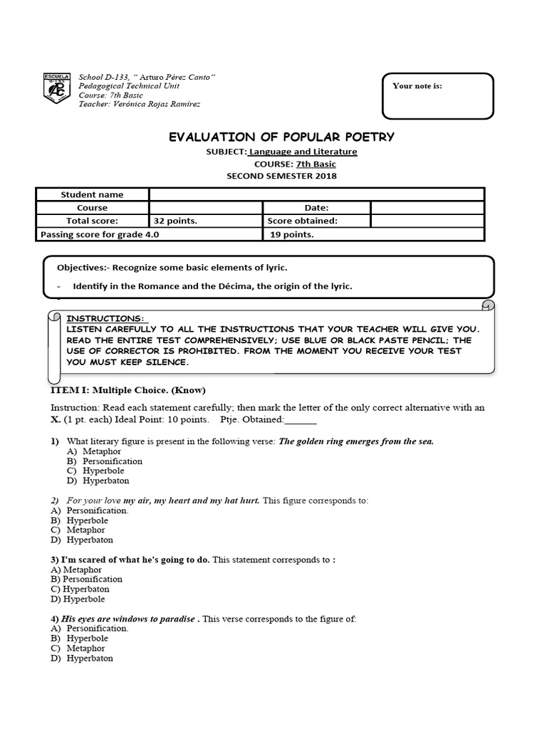 Popular Poetry Test | PDF | Poetry | Rhyme
