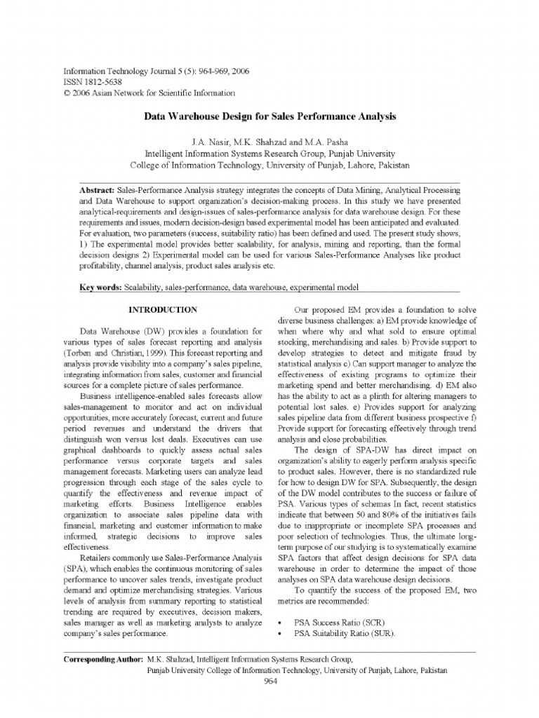 Data Warehouse Design For Sales Performa | PDF