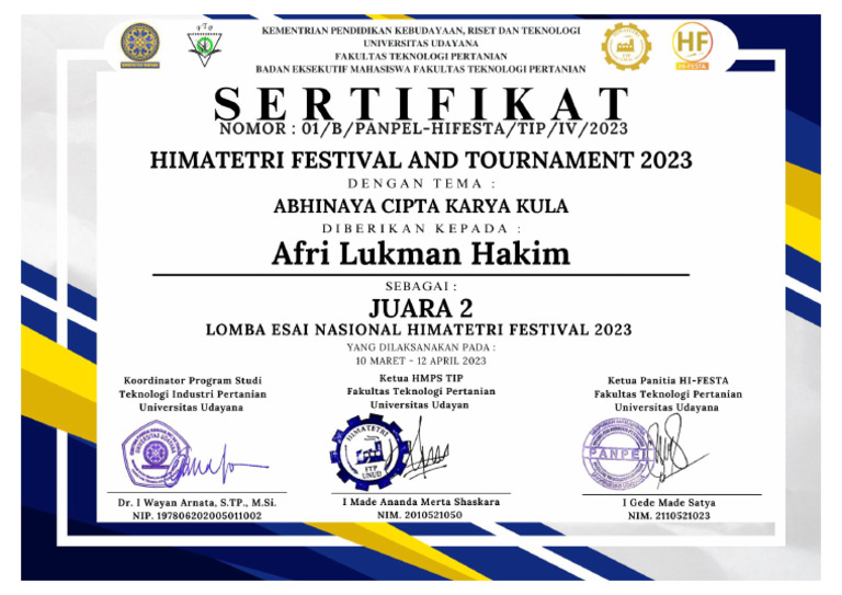 Sertifikat Juara 2 Esai HI-FESTA 2023 - Afri Lukman Hakim | PDF