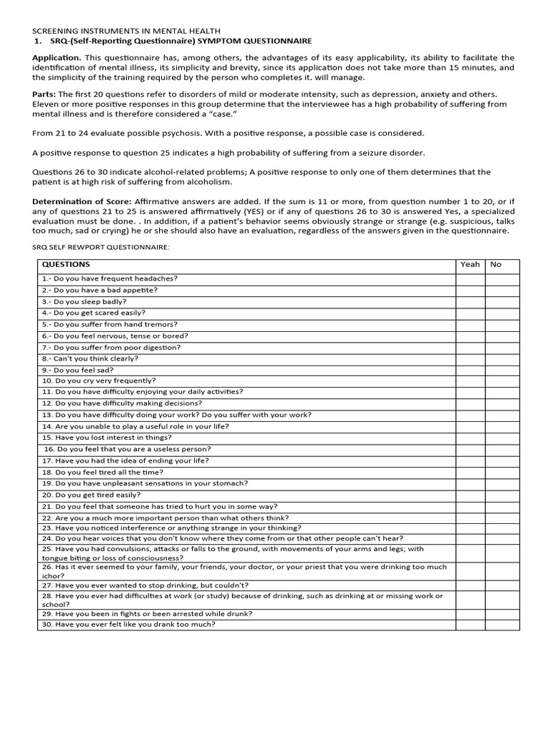 Mental Health Questionnaire For Vista Mar | Download Free PDF ...