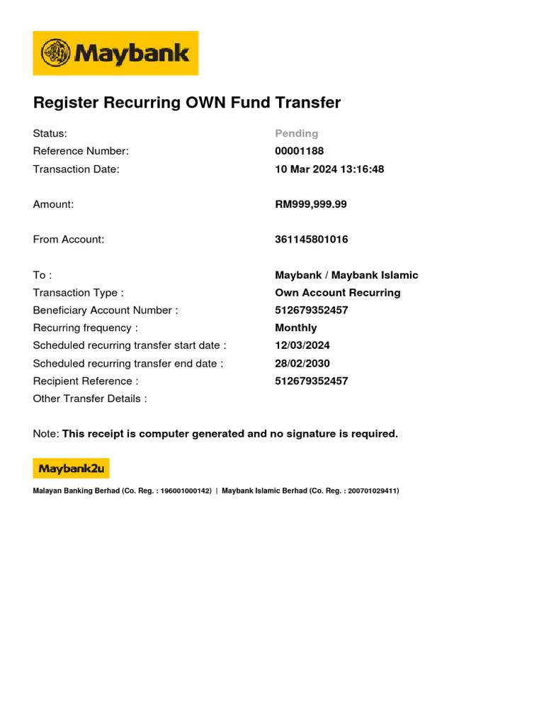 Register Recurring Fund Transfer Receipt | PDF