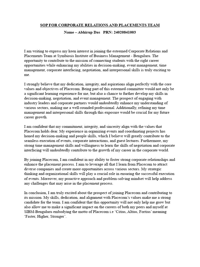 Sop For Corporate Relations and Placements Team | PDF | Negotiation ...