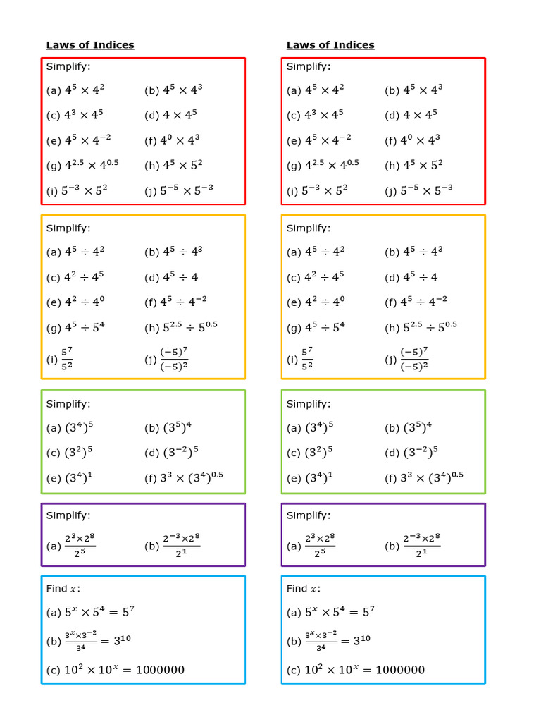 Laws of Indices Practice Strips | PDF