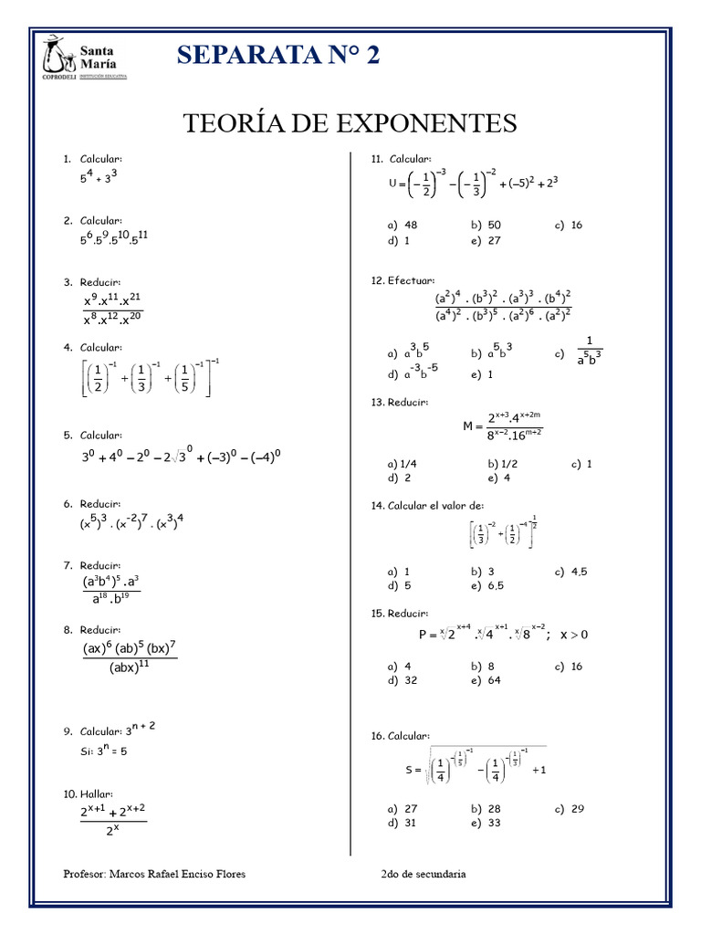 TEORÍA DE EXPONENTES 2DO DE SECUNDARIA SEPARATA 2 | PDF | Ajedrez