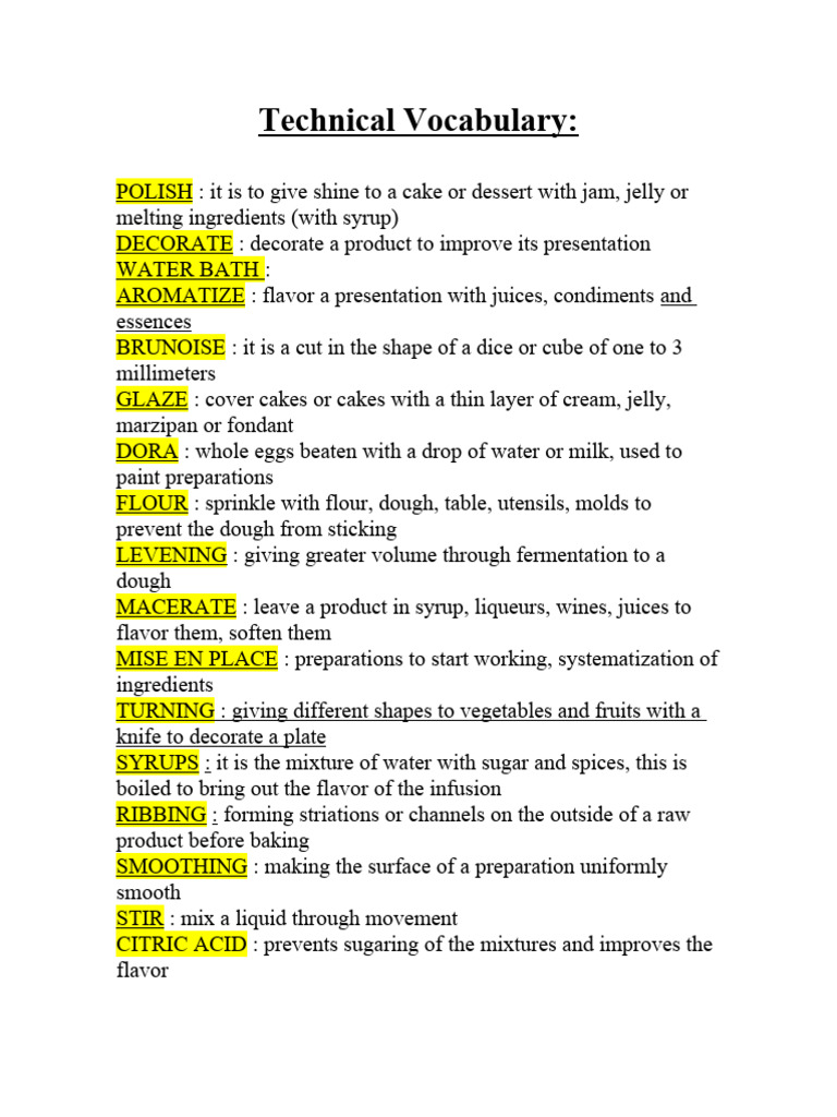 Technical Vocabulary | Download Free PDF | Cakes | Fruit Preserves