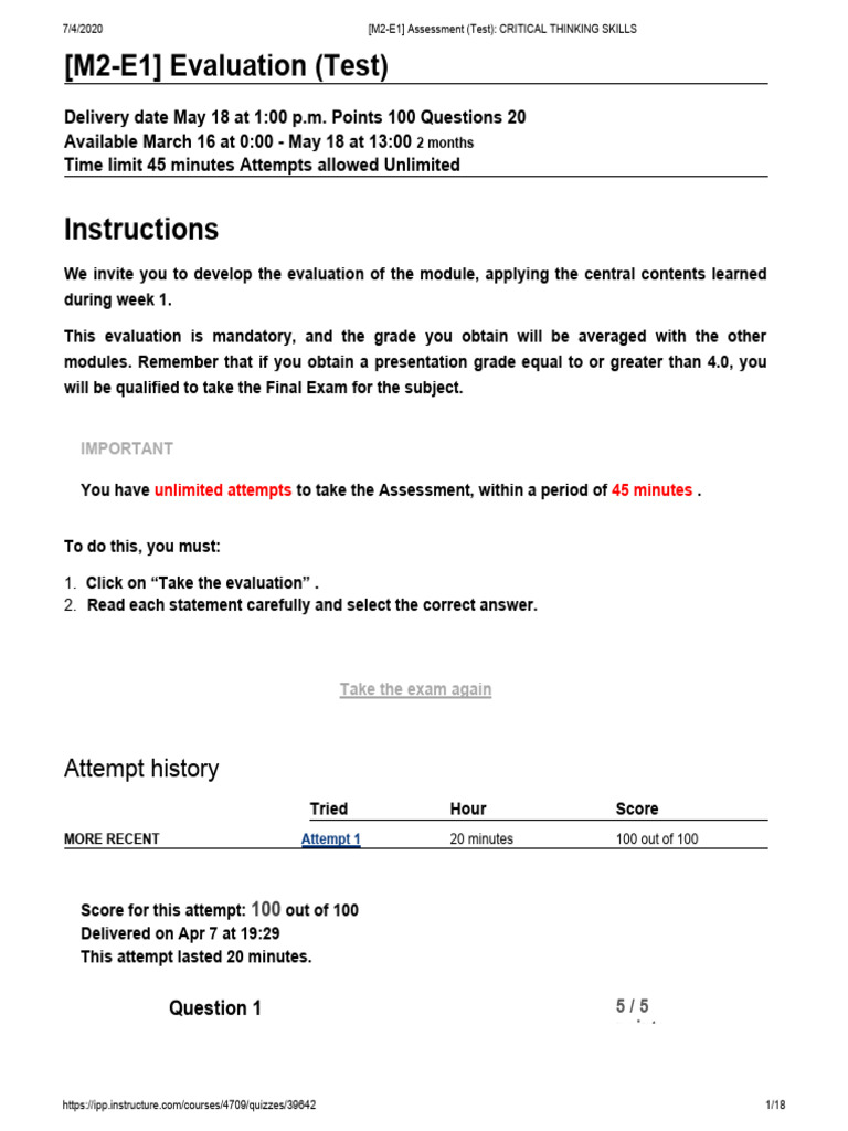 (M2-E1) Assessment (Test) - CRITICAL THINKING SKILLS 1 | PDF | Critical ...