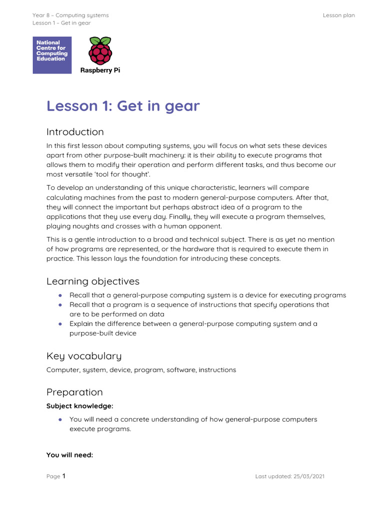 L1 Lesson Plan - Computing Systems - Y8 | PDF | Computer Program | Programming
