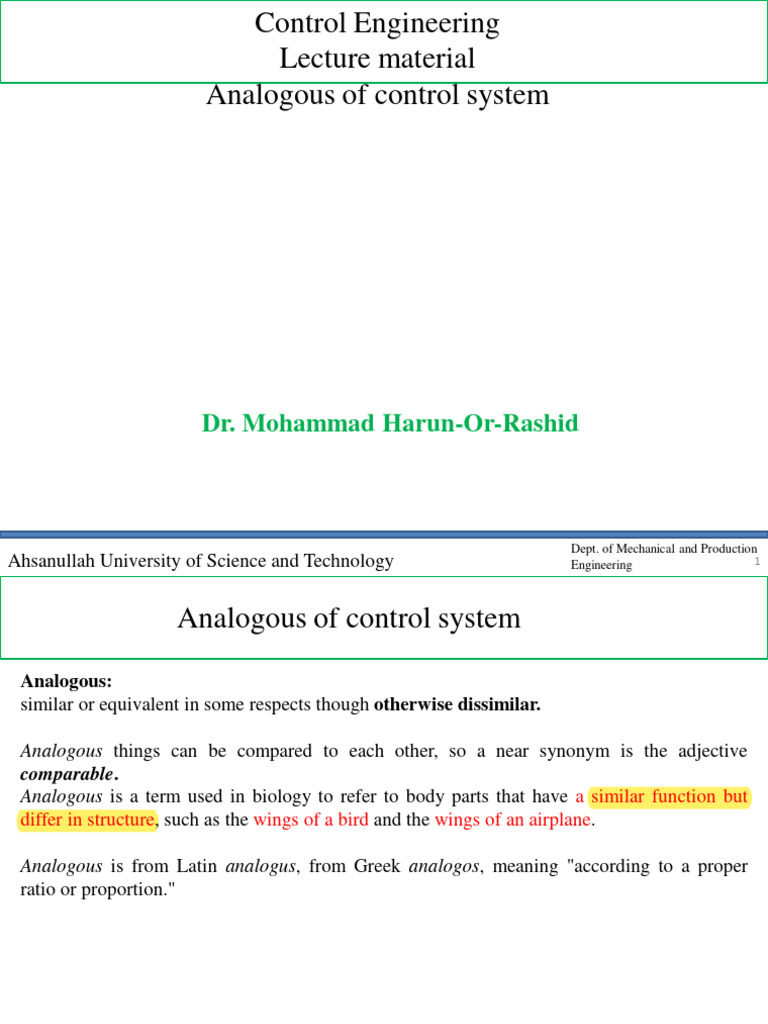 Lecture4 - Analogous of Control Systems - ME 3203 - 6w | PDF | Electrical Network | Capacitor