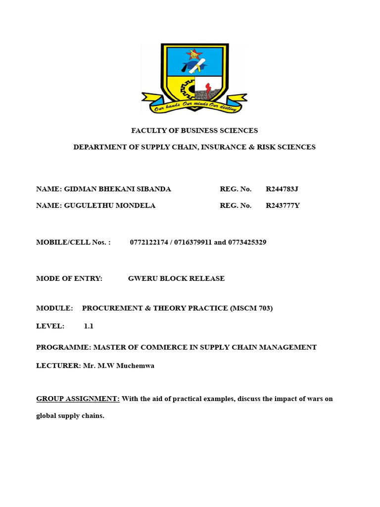 Group Assignment - MSCM 703 (G. Mondela & G.B Sibanda) | PDF | Supply Chain | Procurement
