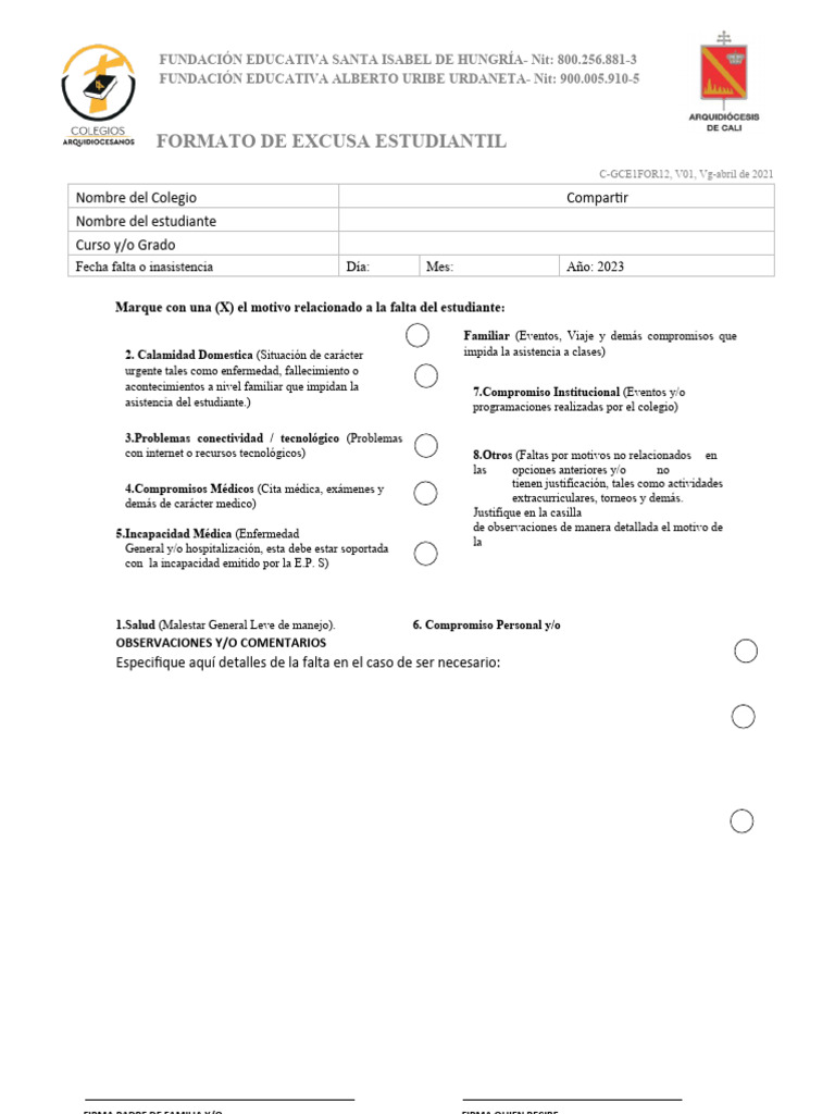 Formato Excusaa 2023 | PDF